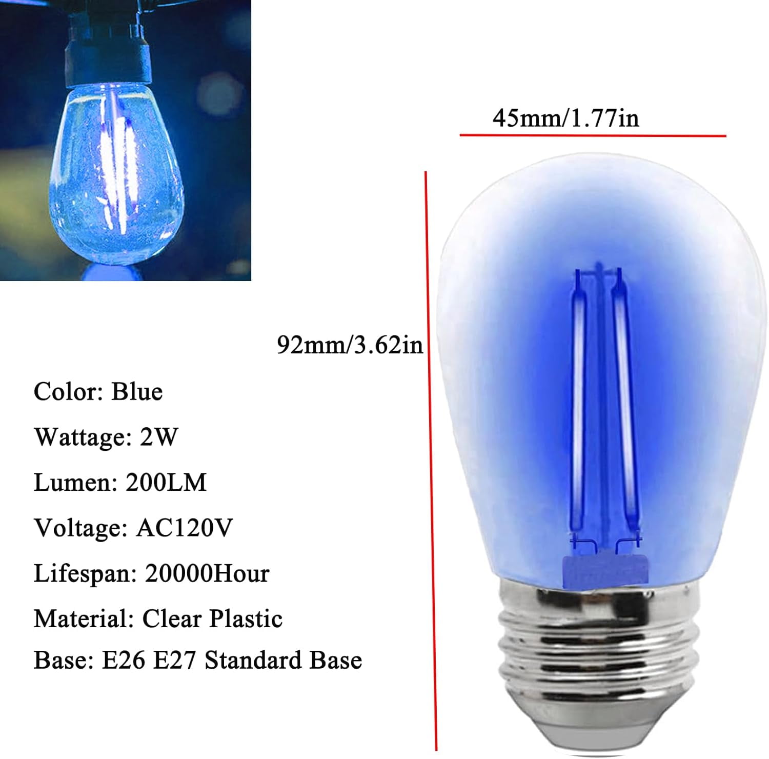 EFEMF-S14 LED Light Bulb 2W Blue Outdoor Replacement Bulbs Shatterproof ...