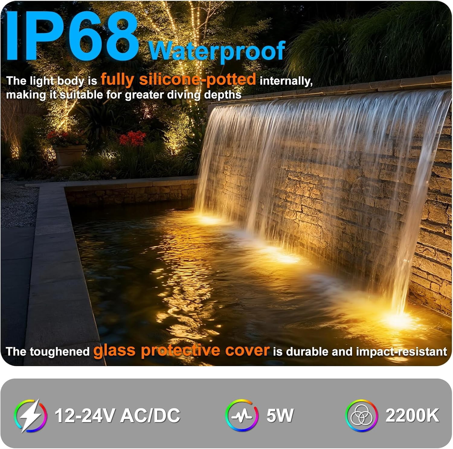 EFEMF-Submersible LED Lights, 2200K Amber Warm White, 5W 12V-24V AC/DC ...