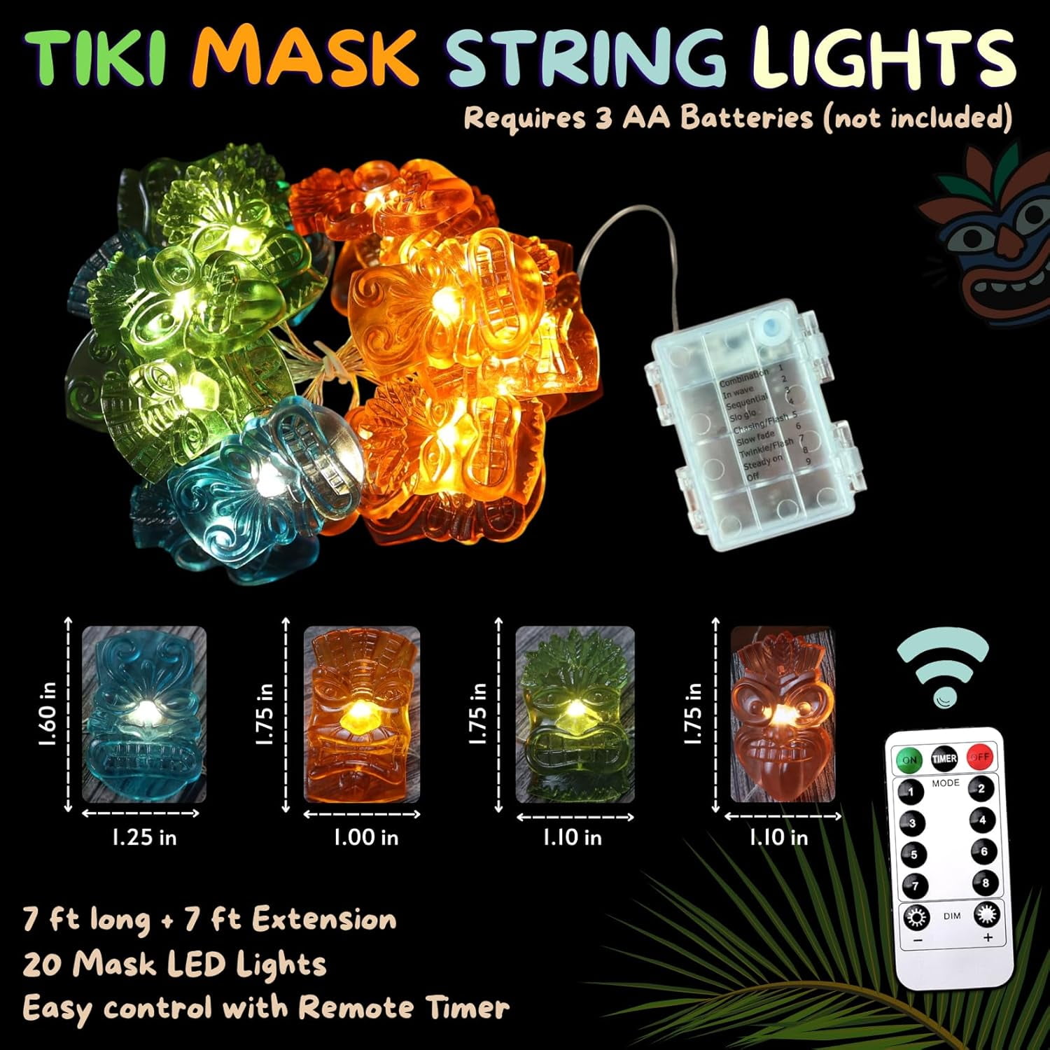 EFEMF-Tiki Mask String Lights Outdoor Waterproof 7FT 20PCS, Tropical ...