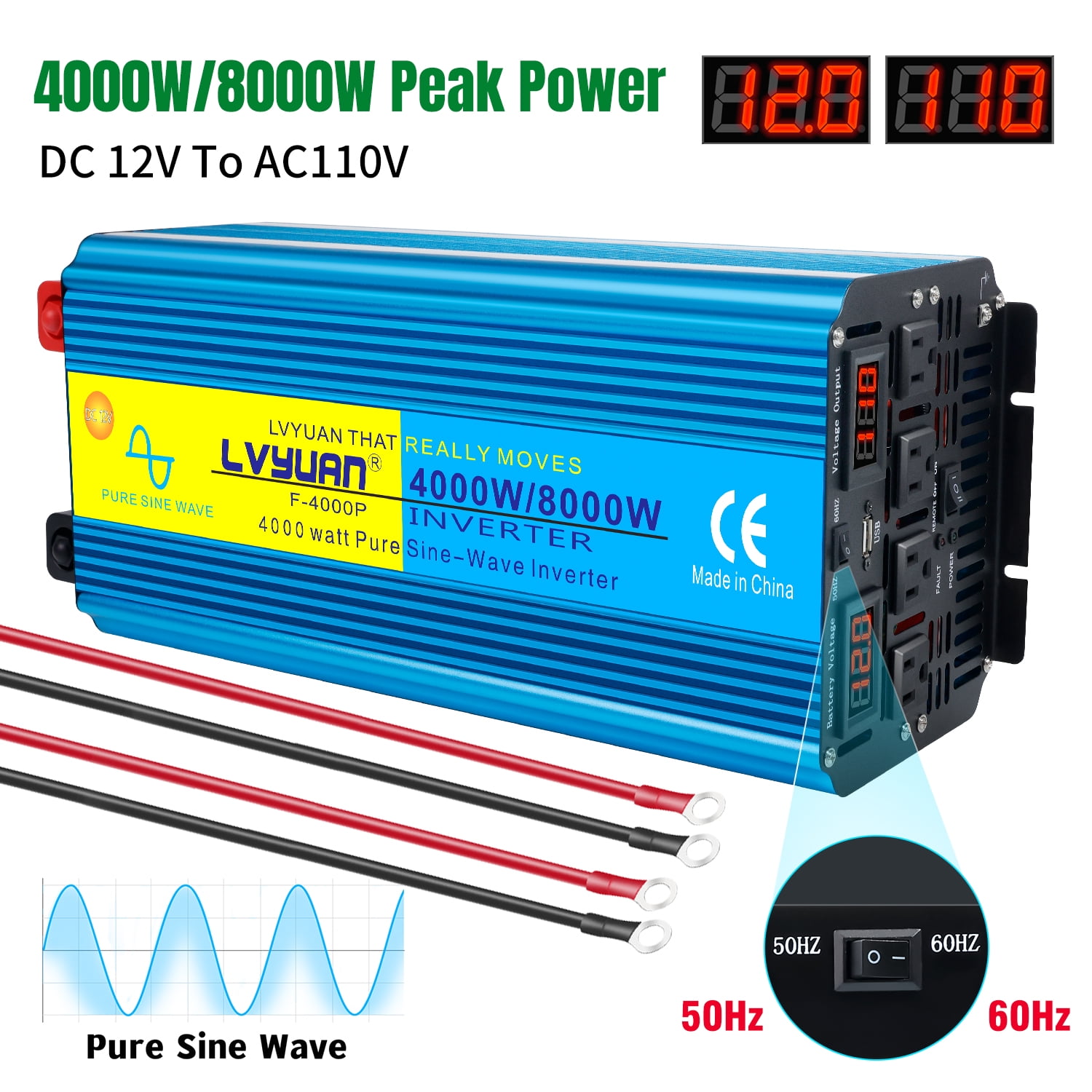 EFFORTWAY 4000W 8000W Peak Pure Sine Wave Power Inverter Car Converter DC 12V to AC 110V 60HZ ...