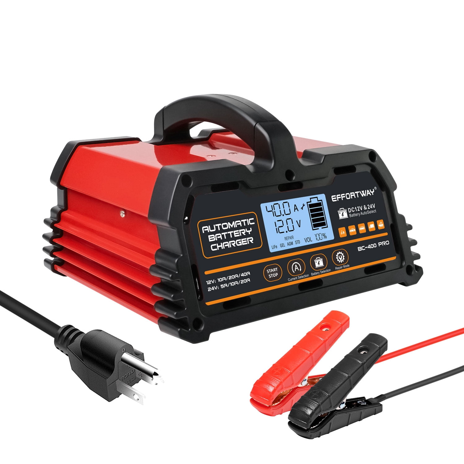 EFFORTWAY 40A Smart Battery Charger, 12V LiFePO4 & 12V/24V Lead-Acid ...