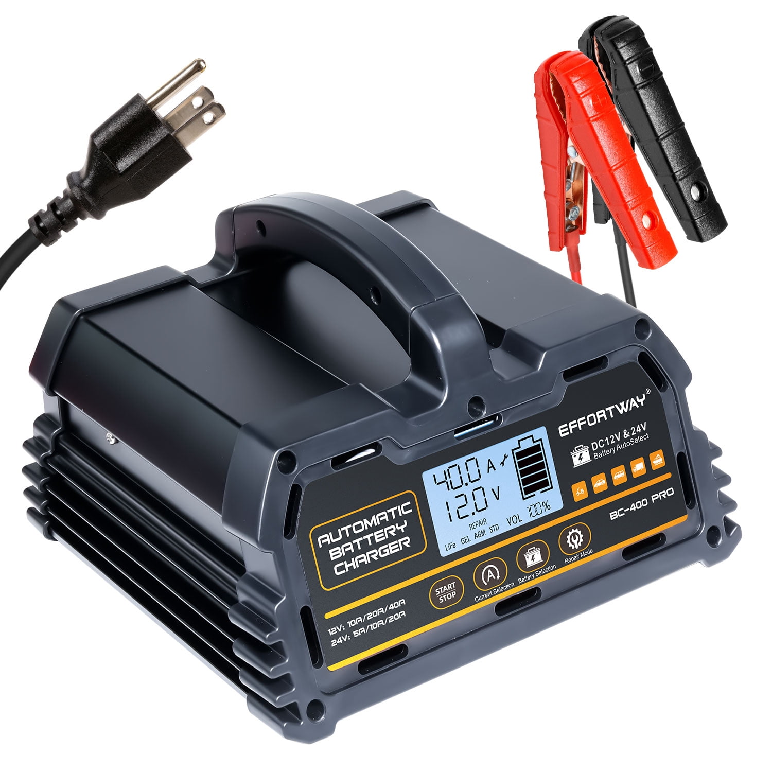 EFFORTWAY 40A Smart Battery Charger, 12V LiFePO4 & 12V/24V Lead-Acid ...