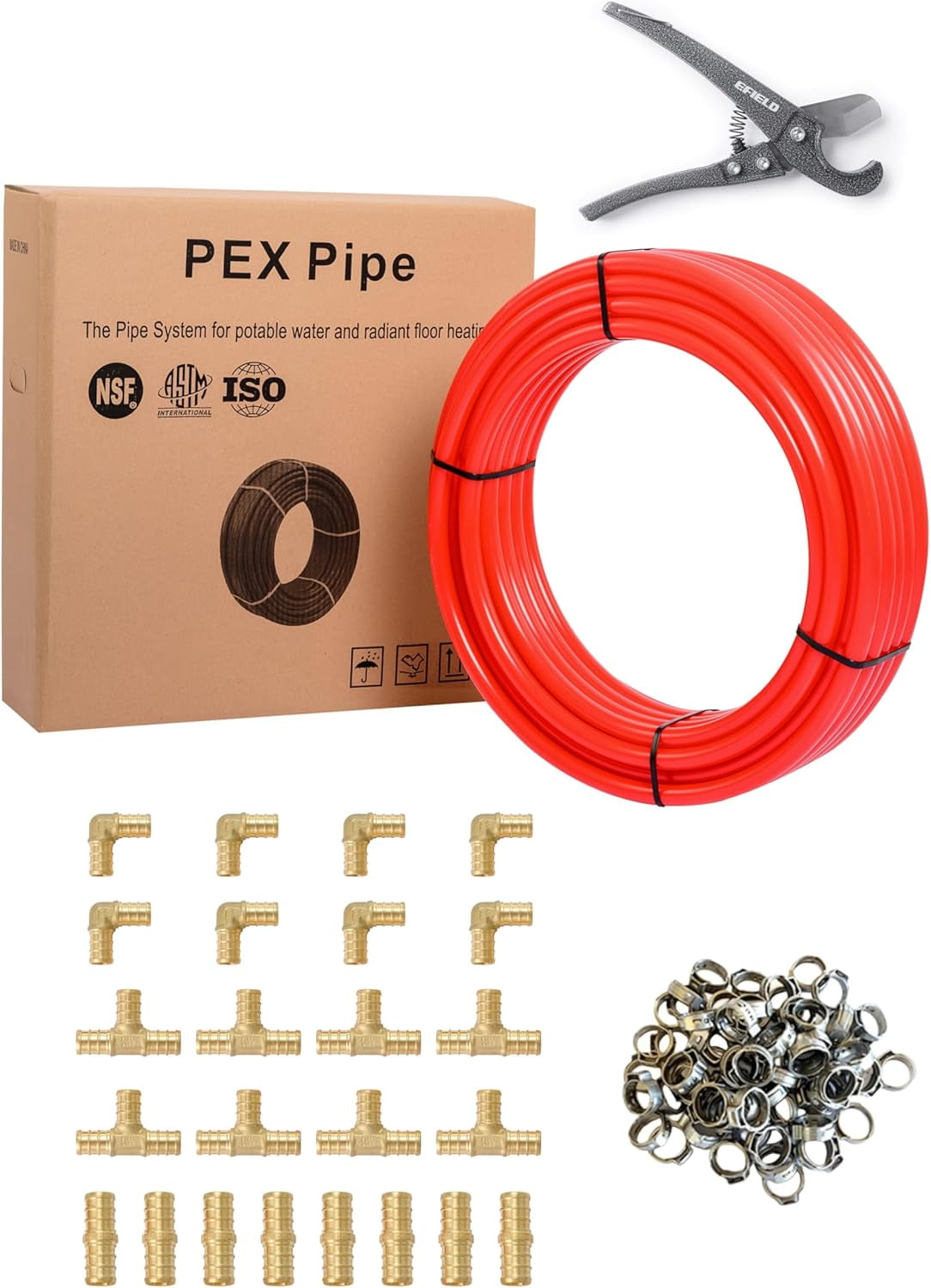 EFIELD Pex-b Pipe/Fittings Combo, 3/4 inch100 ft Length Red Color with ...