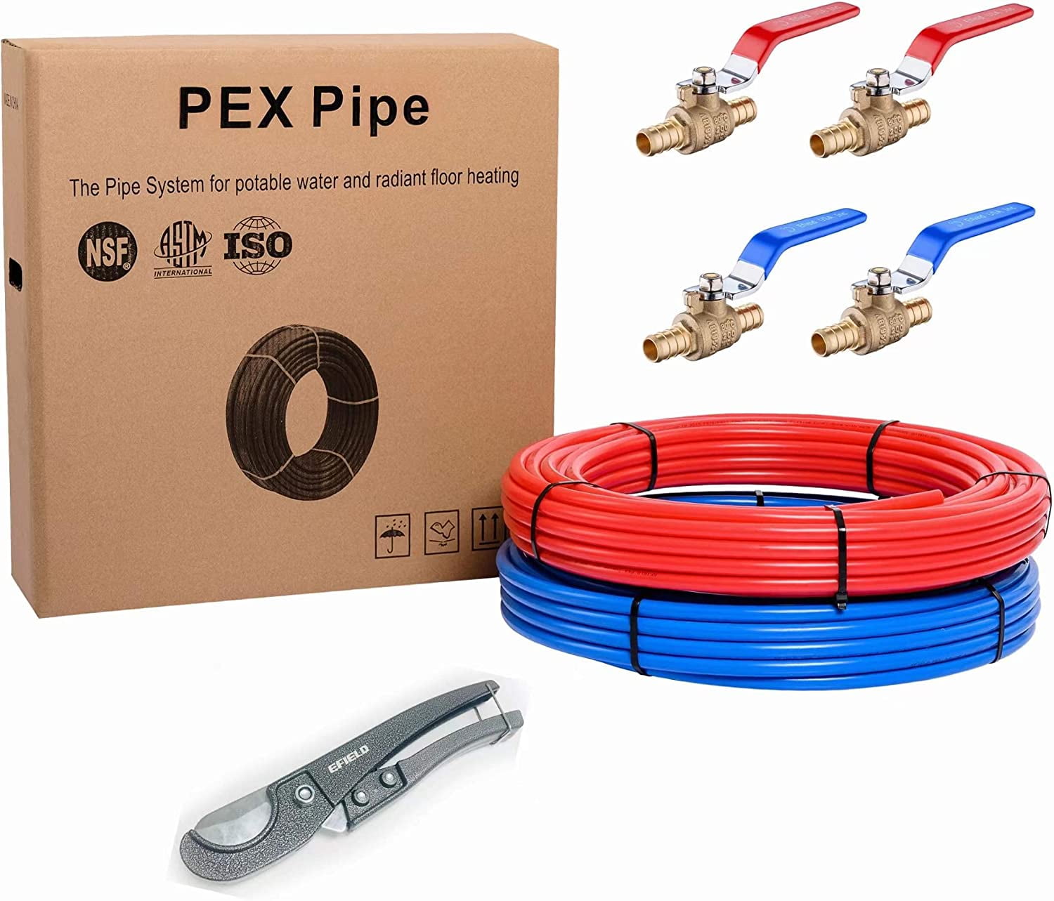 EFIELD Pex-b Pipe/Tubing Blue & Red 3/4 inch 2 x100 ft (200 ft) Length and 4 Pcs 3/4" Barb Pex ...