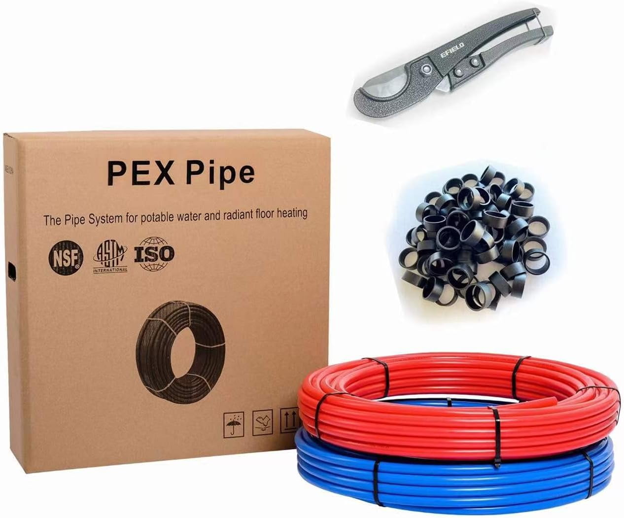 EFIELD Pex-b Pipe/Tubing NSF Certified Blue & Red 1/2 inch 2 x100 ft (200 ft) Length,100 Pcs 1/2 ...