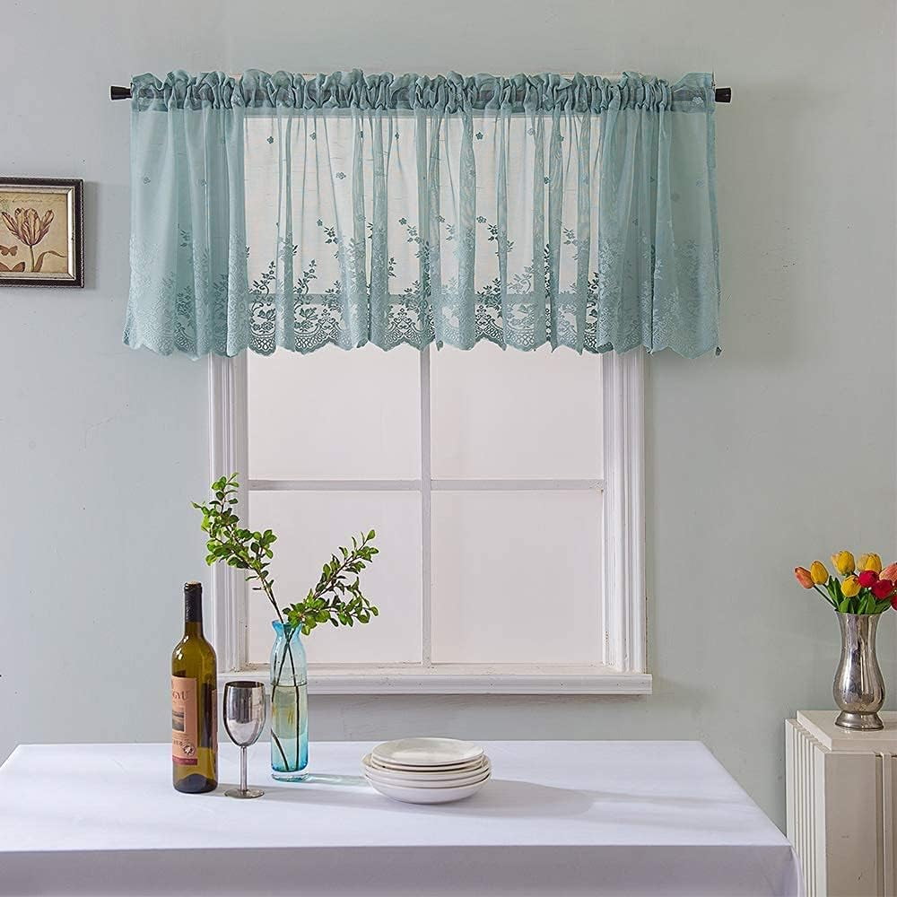 EFINNY Blue Lace Short Curtain for Kitchen Window Jacquard Floral Sheer ...