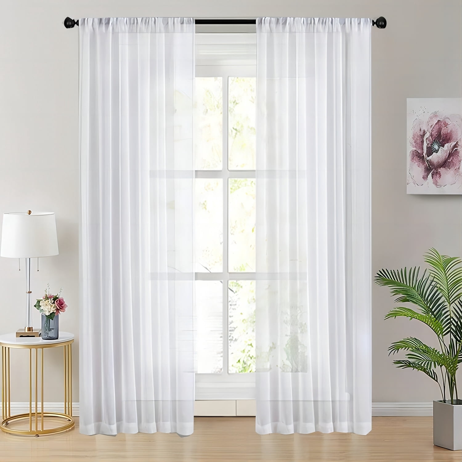 EFINNY White Sheer Voile Window Treatment Rod Pocket Curtain Panels for ...