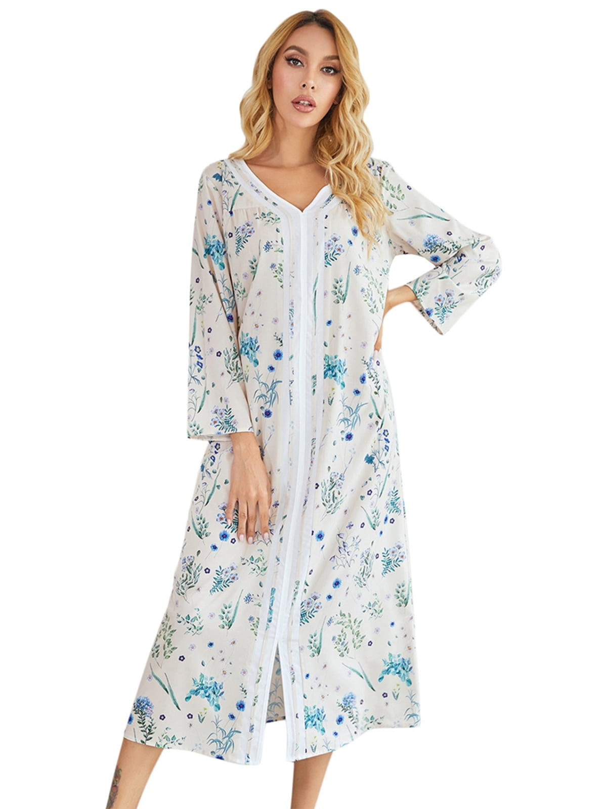 EFINNY Women Floral Long Pajamas Robes Thin Style Lightweight Full ...
