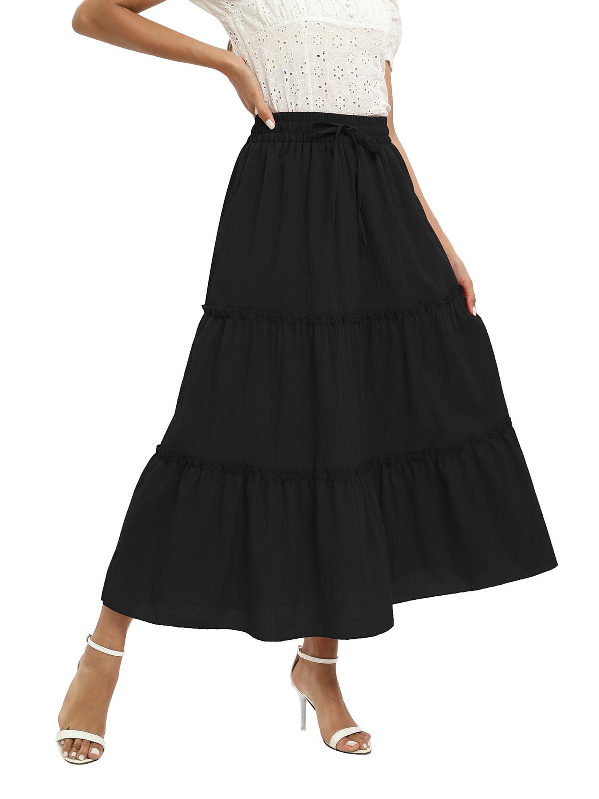 EFINNY Women High Waist Solid Color Long Skirt Large Pendulum Pleated ...