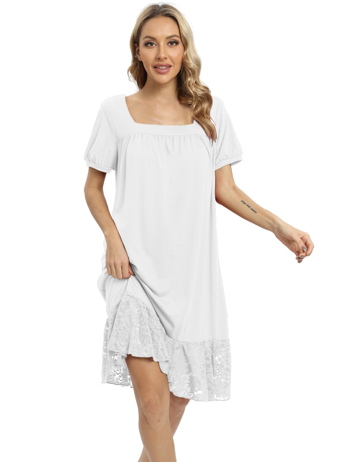 EFINNY Women Nightgowns Sexy Sleep Shirts Lace Trim Square Neck Short ...