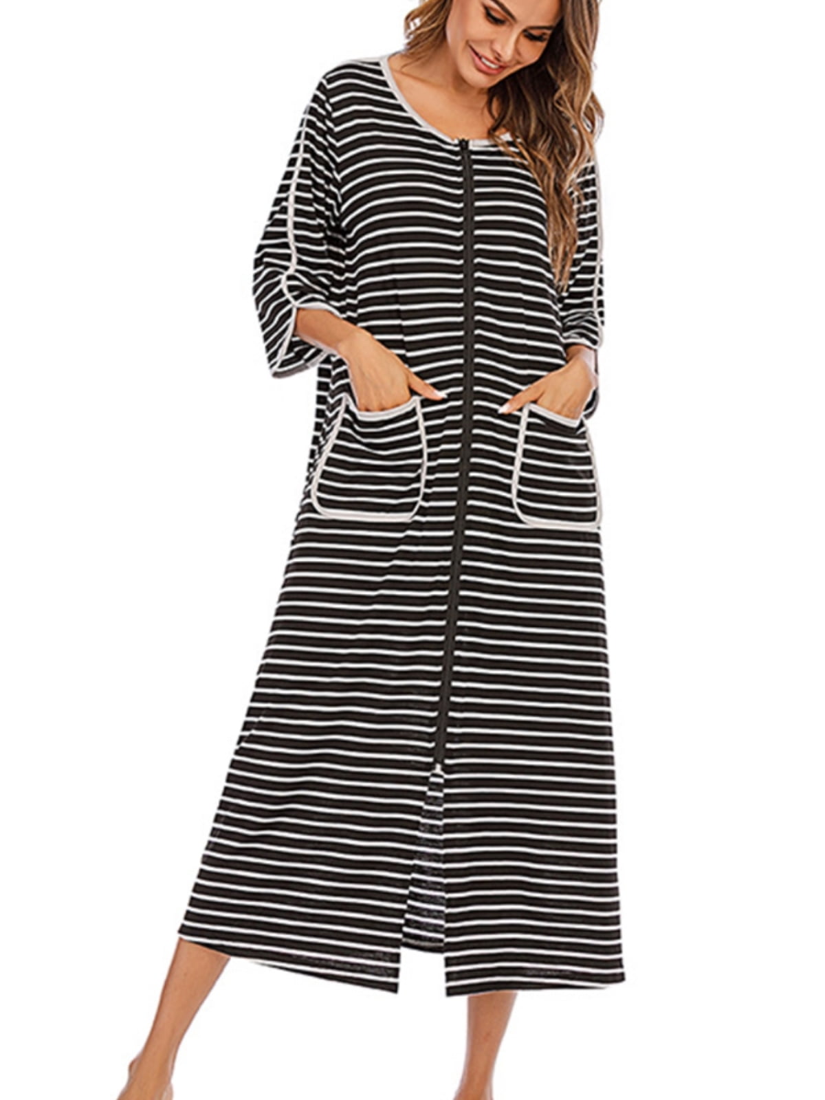 EFINNY Women's 3/4 Sleeve Housecoat Cotton Loose Zipper Front ...