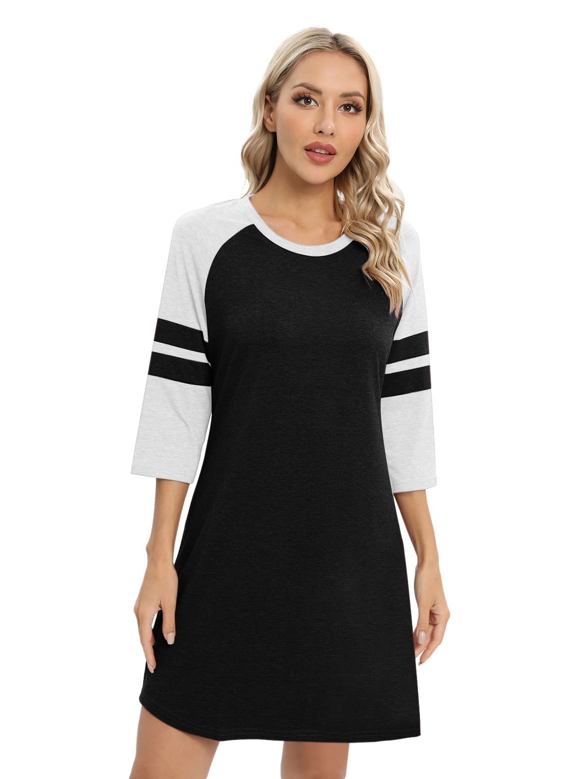 EFINNY Women's 3/4 Sleeve Nightgowns Contrast Color Nightdress Round ...