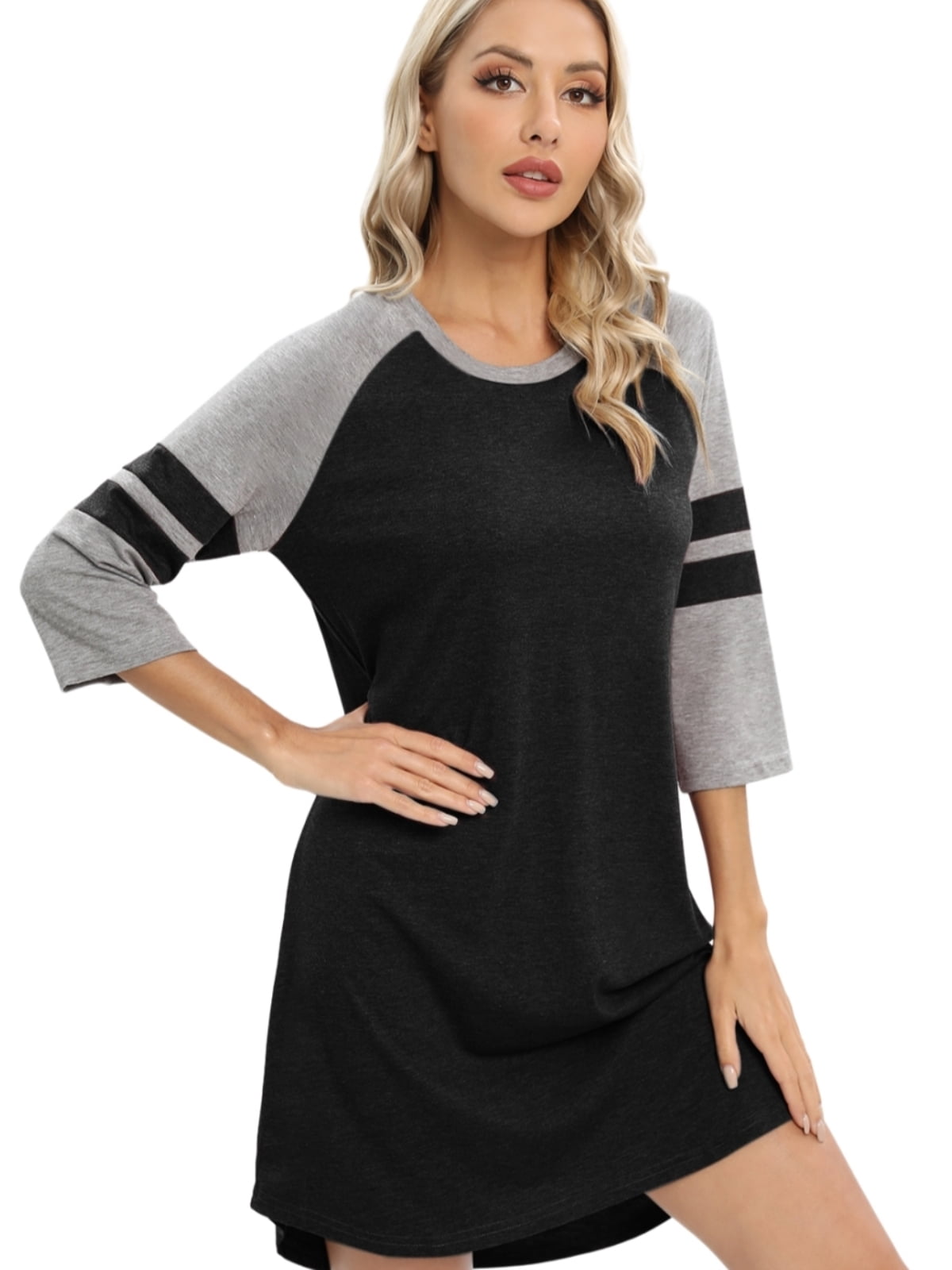 EFINNY Women's 3/4 Sleeve Nightgowns Contrast Color Nightdress Round ...