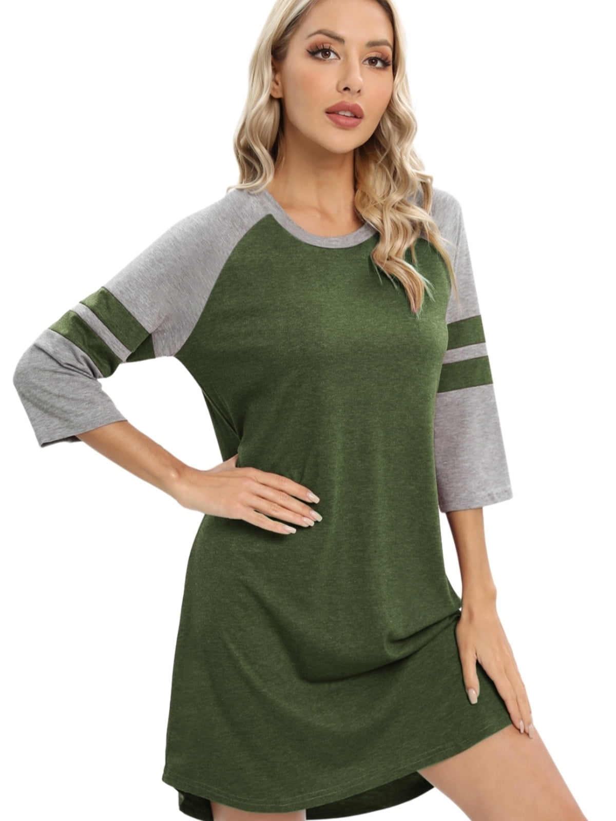 EFINNY Women's 3/4 Sleeve Cotton Nightgown, Round Neck, Colorblock ...