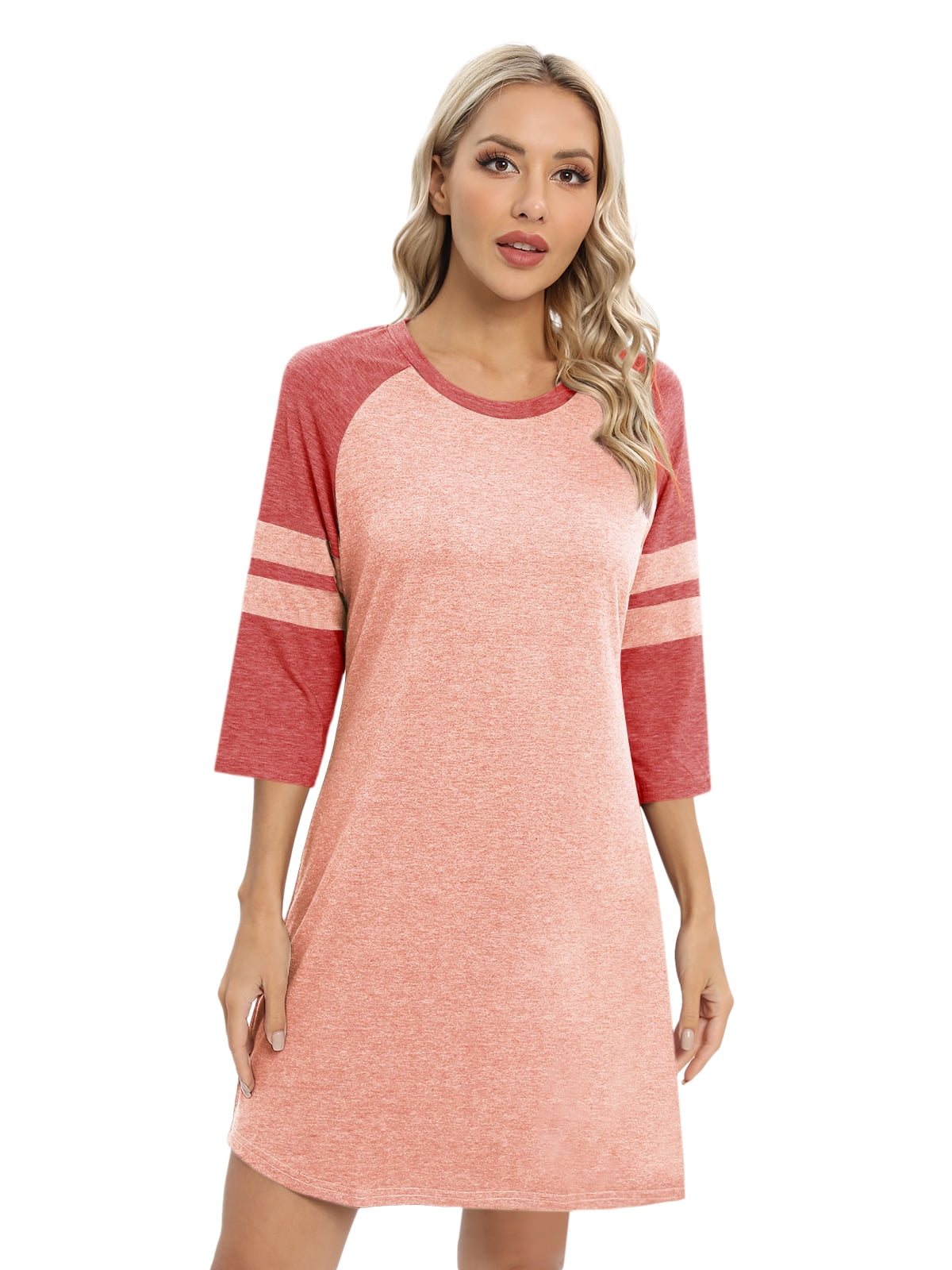 EFINNY Women's 3/4 Sleeve Nightgowns Contrast Color Nightdress Round ...