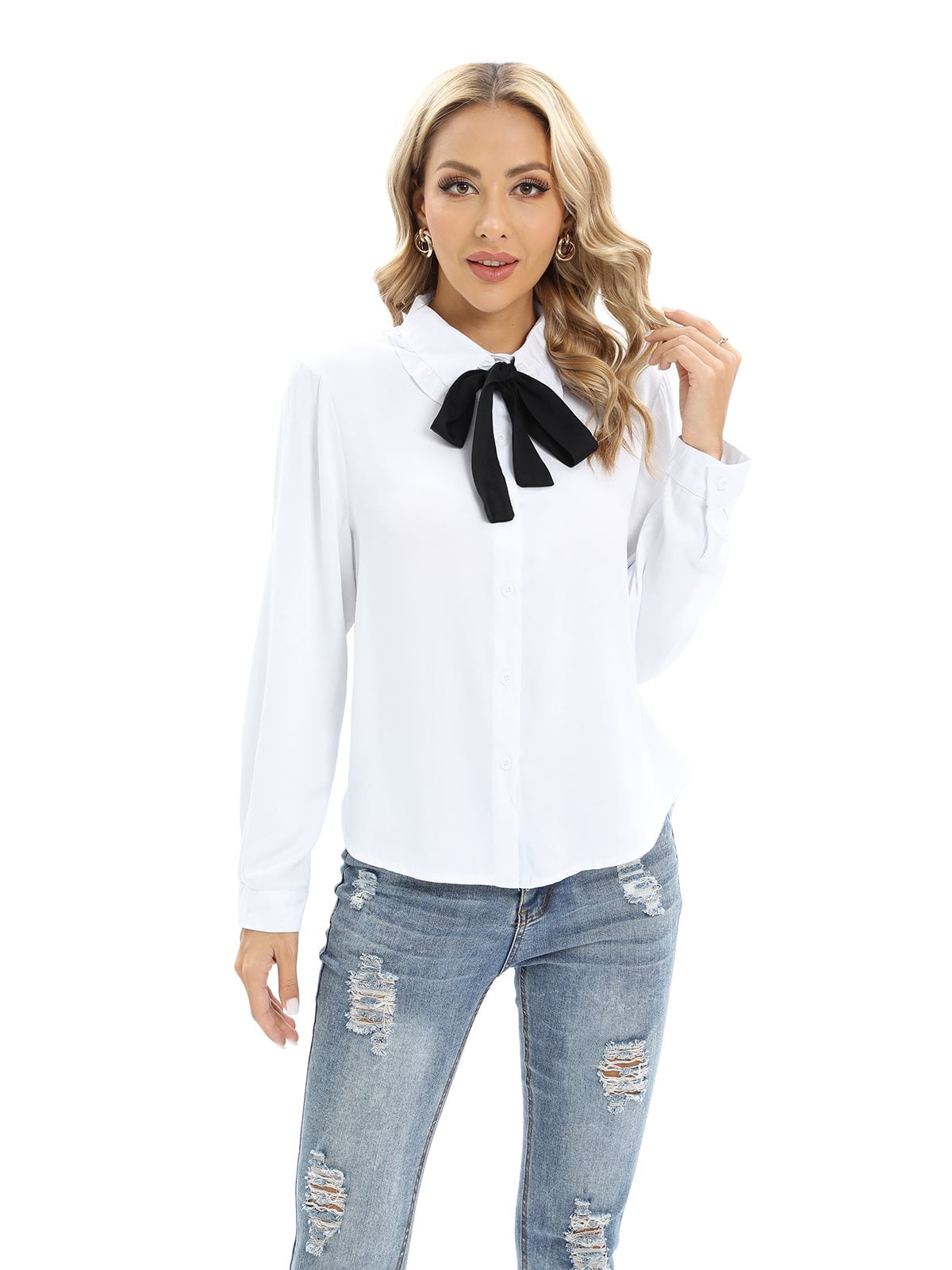 EFINNY Women's Bow Tie Neck Blouse Peter Pan Collar Casual Button Down Shirt Semi Formal Button ...