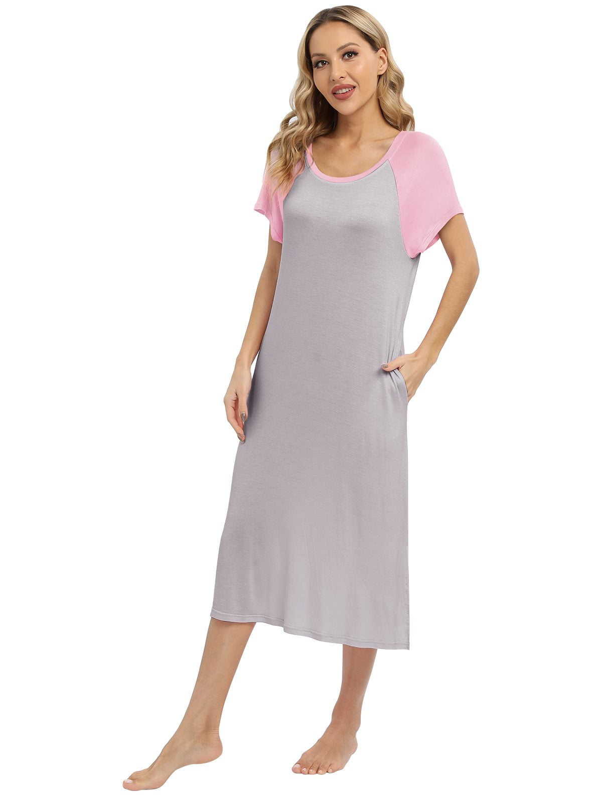 EFINNY Women's Comfy Cotton Nightgown Color Blocking Loungewear Mid ...