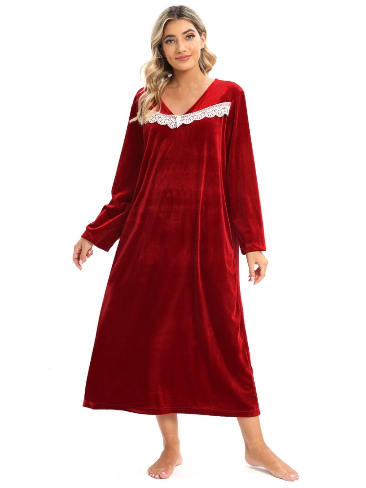 EFINNY Women's Full Length Velvet Nightgown Robe Long Sleeve Soft ...