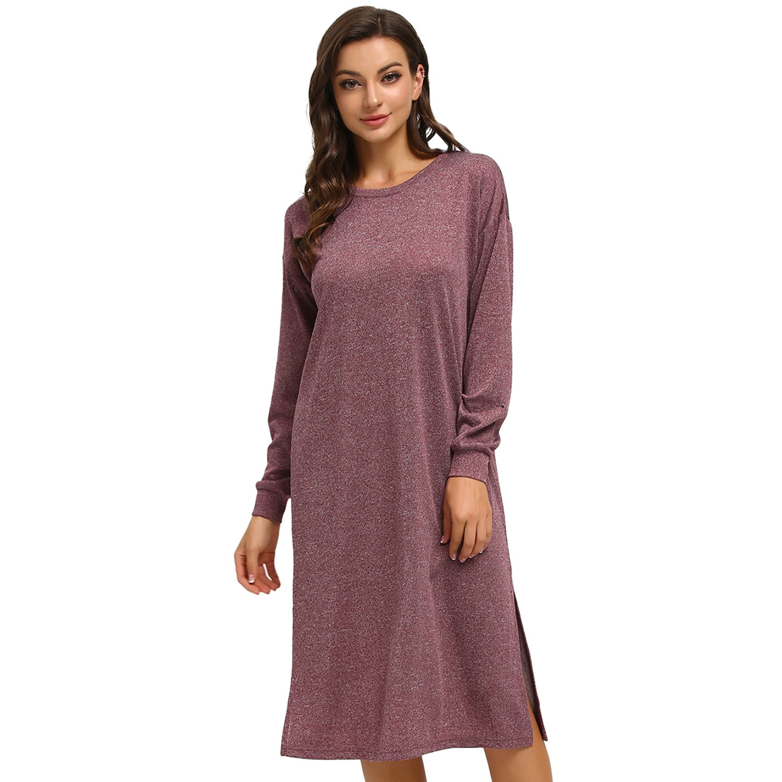 EFINNY Women's Long Nightdress Split Long Sleeve Nightdress Crew-Neck ...