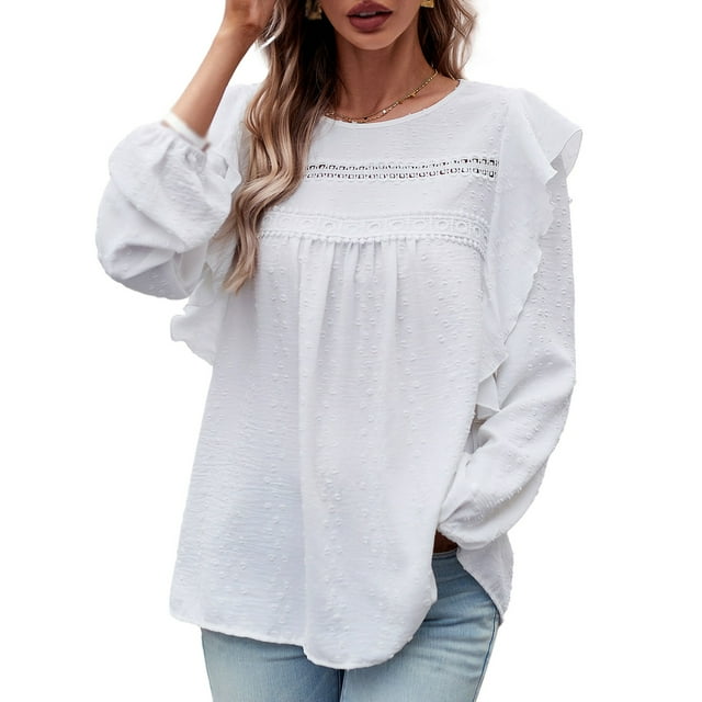 EFINNY Women's Long-Sleeved Top Puff Sleeve Ruffled Patchwork Top Solid ...