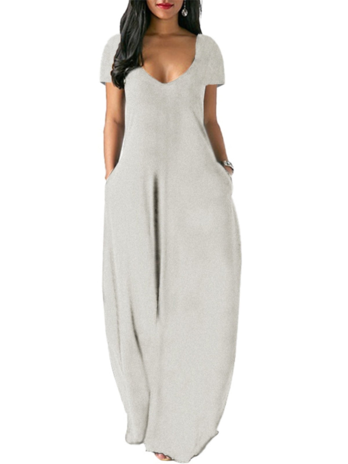 EFINNY Women's Maxi Dress with Pockets Short Sleeved Rayon Extra Long ...