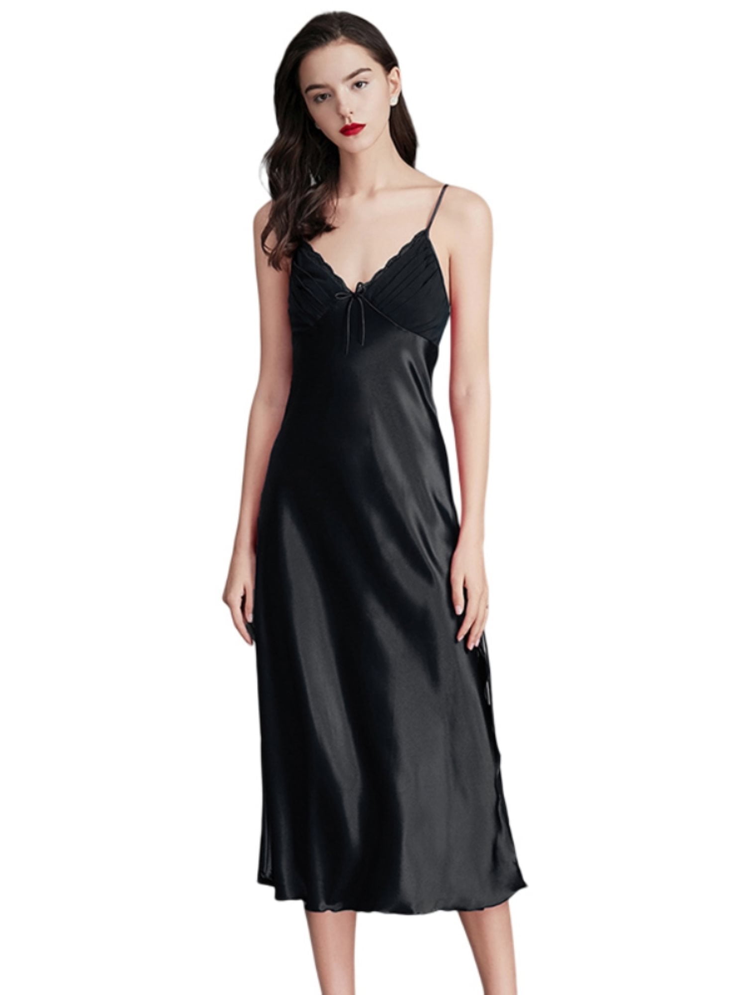 EFINNY Women's Nightdress Lace Satin Lingerie Long Chemises Deep V Neck ...