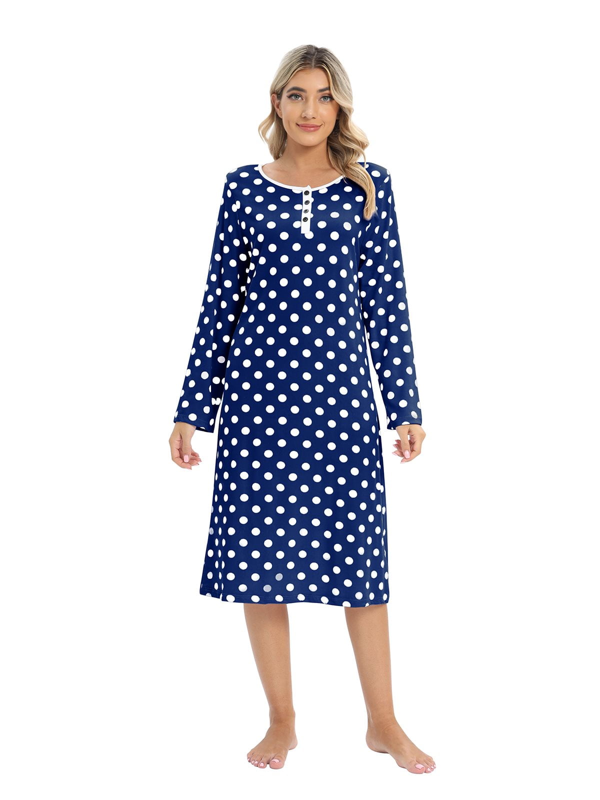 EFINNY Womens Long Sleeve Polka Dot Nightgown, Comfortable Sleepwear ...