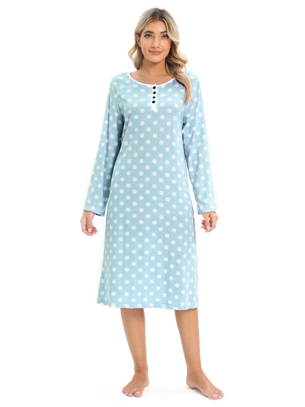 EFINNY Women's Nightgown Long Sleeve Soft Comfy Sleepwear Henley Neck ...