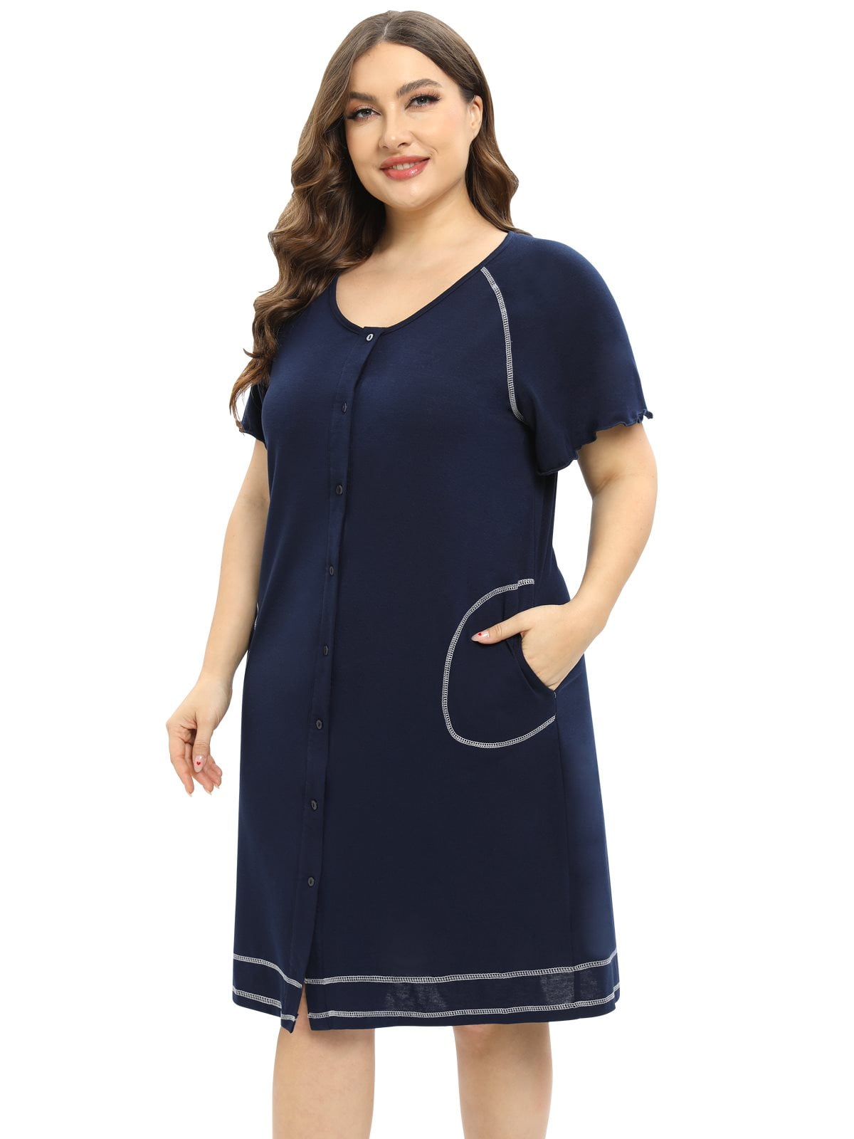 EFINNY Women's Plus Size Comfy Cotton Nightgowns Short Sleeve Button ...