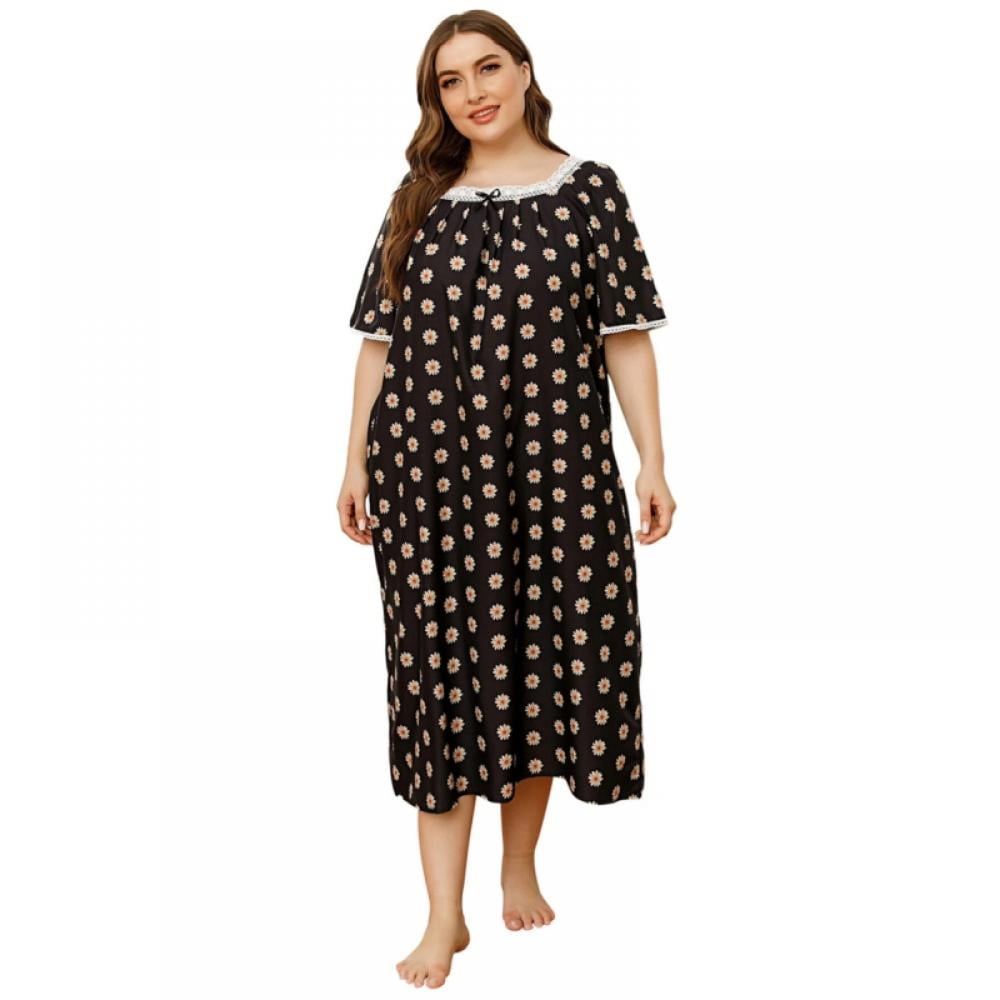EFINNY Women's Plus Size Long Nightgown, Floral Print, Short Sleeve ...