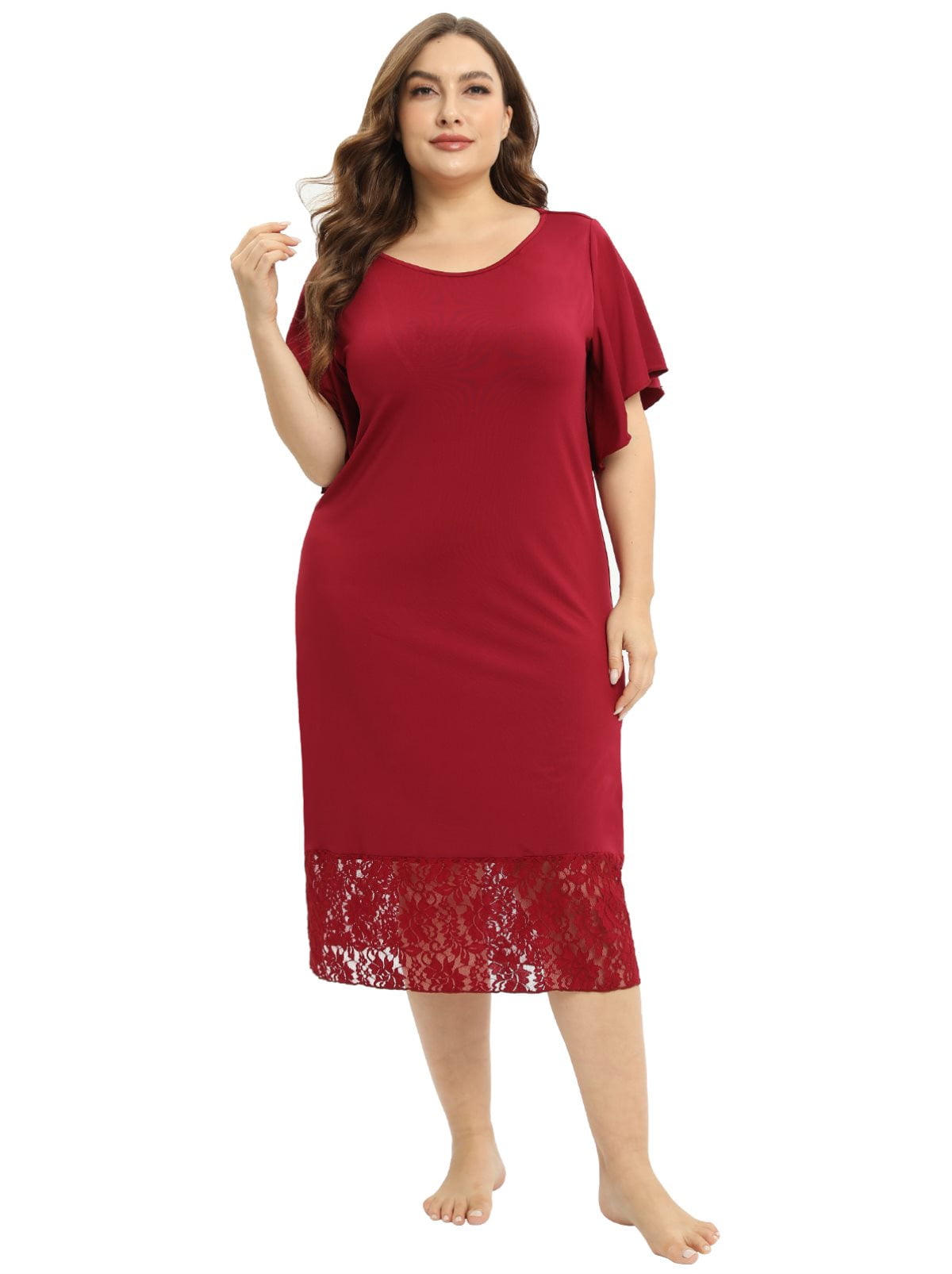 EFINNY Women's Plus Size Nightgowns Short Sleeve Lace Panels Sleepwear ...