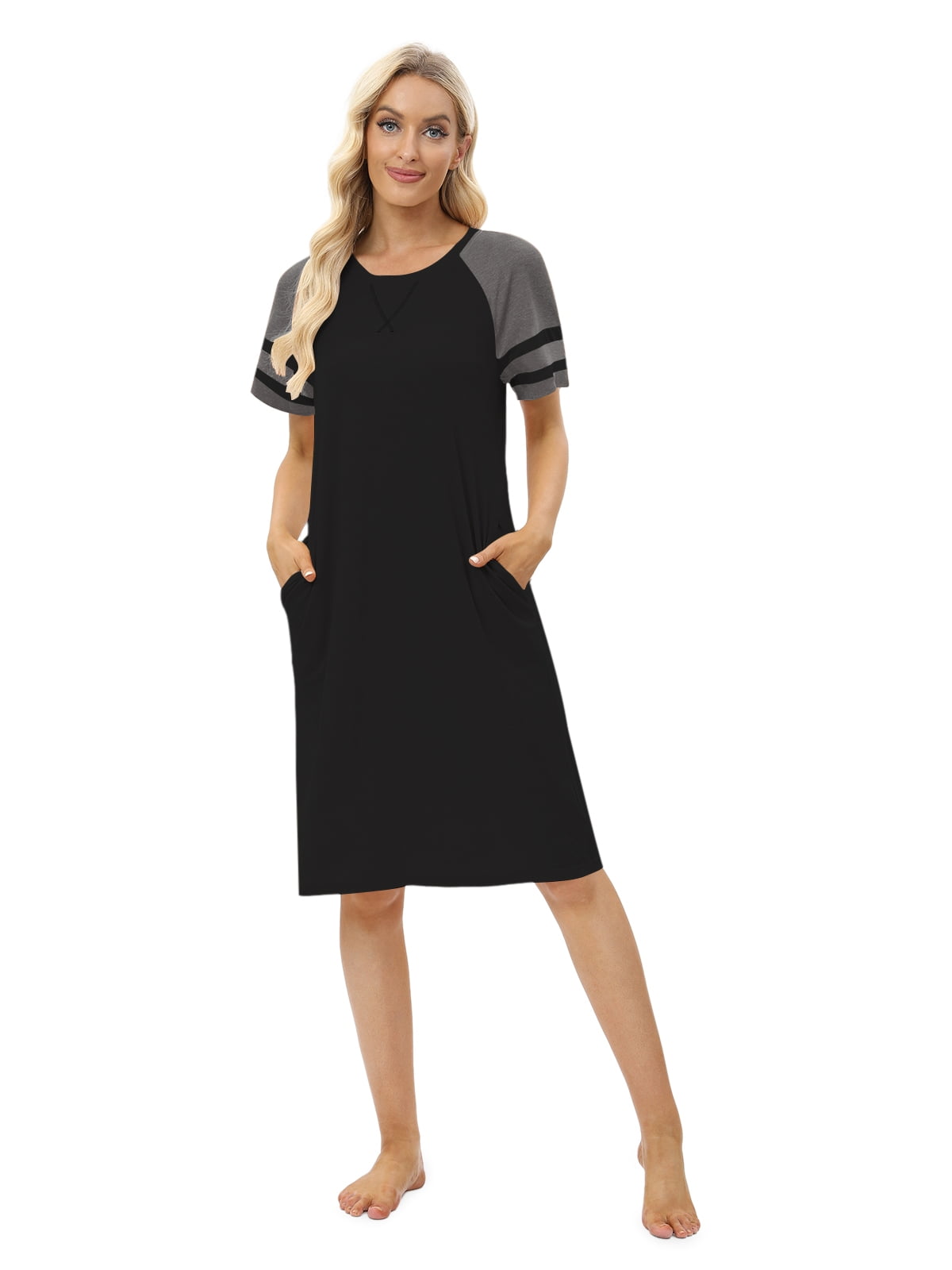 EFINNY Women's Short Sleeve Nightgowns Contrast Color Nightdress Round ...