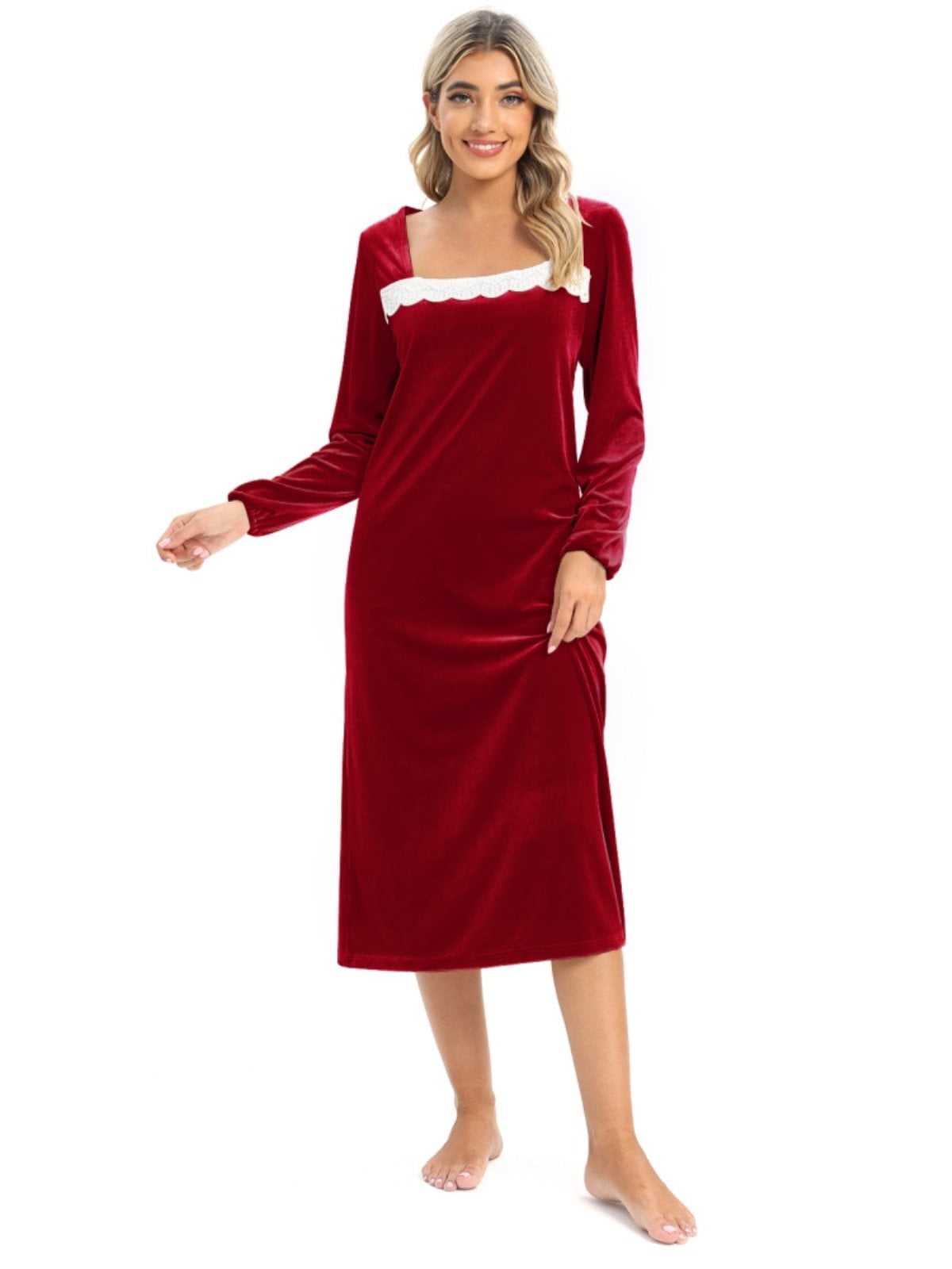 EFINNY Women's Soft Velvet Nightgowns Robe Long Sleeve Full Length ...