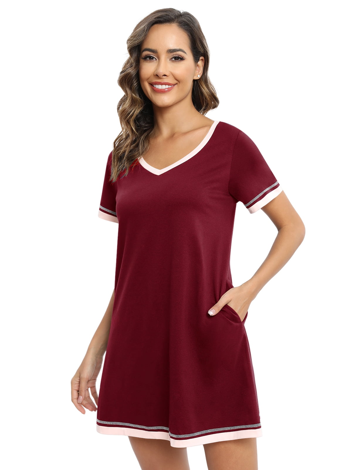 EFINNY Women's V Neck Nightshirt Cotton Casual Sleepwear Short Sleeve ...