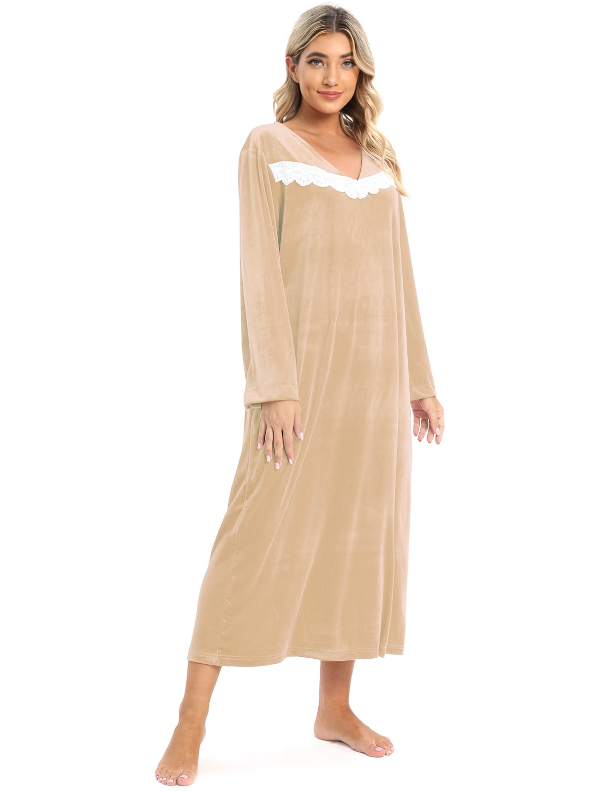 EFINNY Women's Vintage Velvet Nightgowns Long Sleeve V-Neck Lace Full-Length Loungewear ...