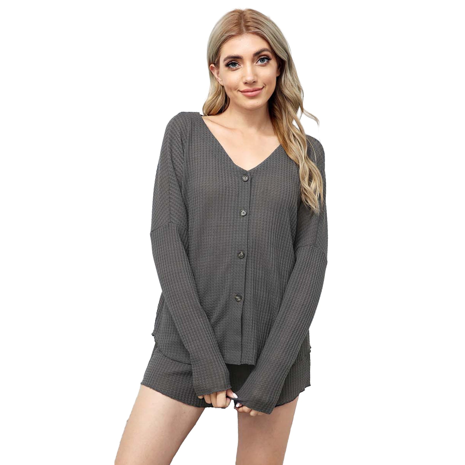 EFINNY Women's Waffle Pajamas Two piece Long sleeved Button Up Shirt ...