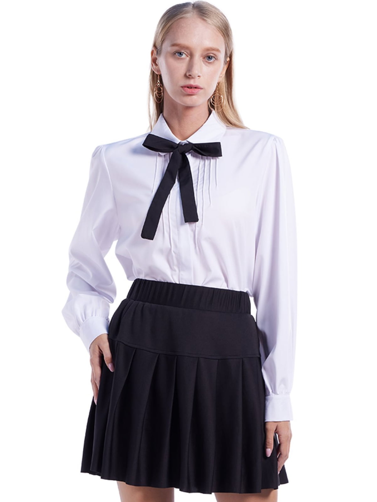 EFINNY Womens Button Down Shirts Long Sleeve Bow Tie Neck White OL ...