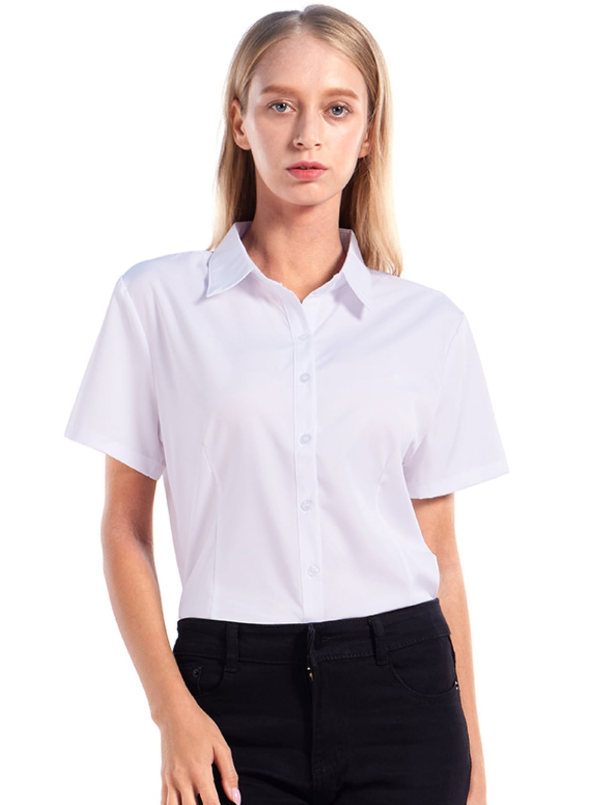EFINNY Women's Short Sleeve Button Down Work Dress Shirts, V Neck ...