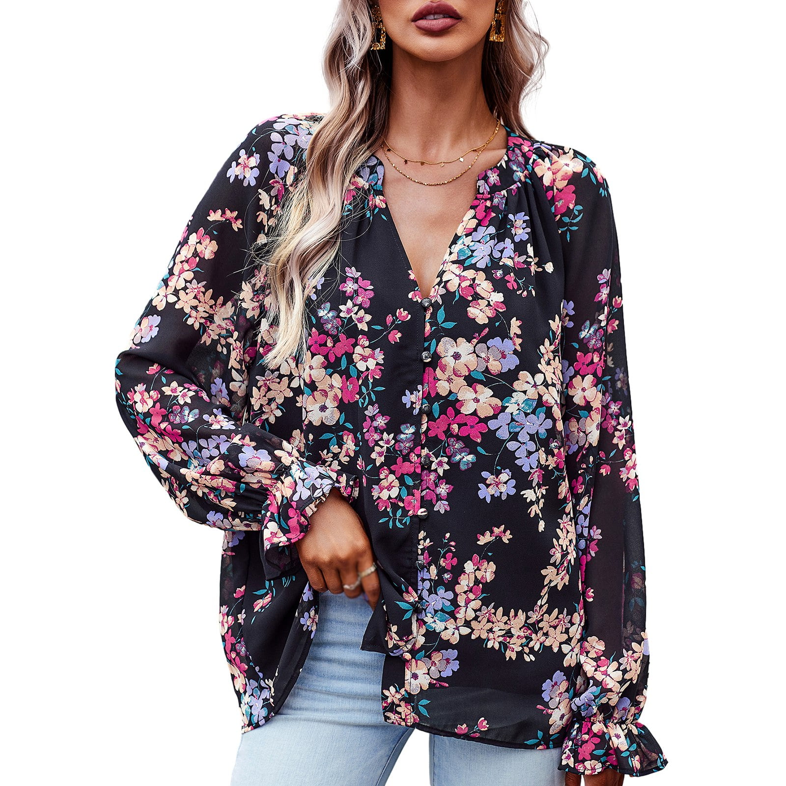 EFINNY Womens Long Sleeve Button Down Shirt Lady Elegant Broken Flower V-neck Top - Walmart.com