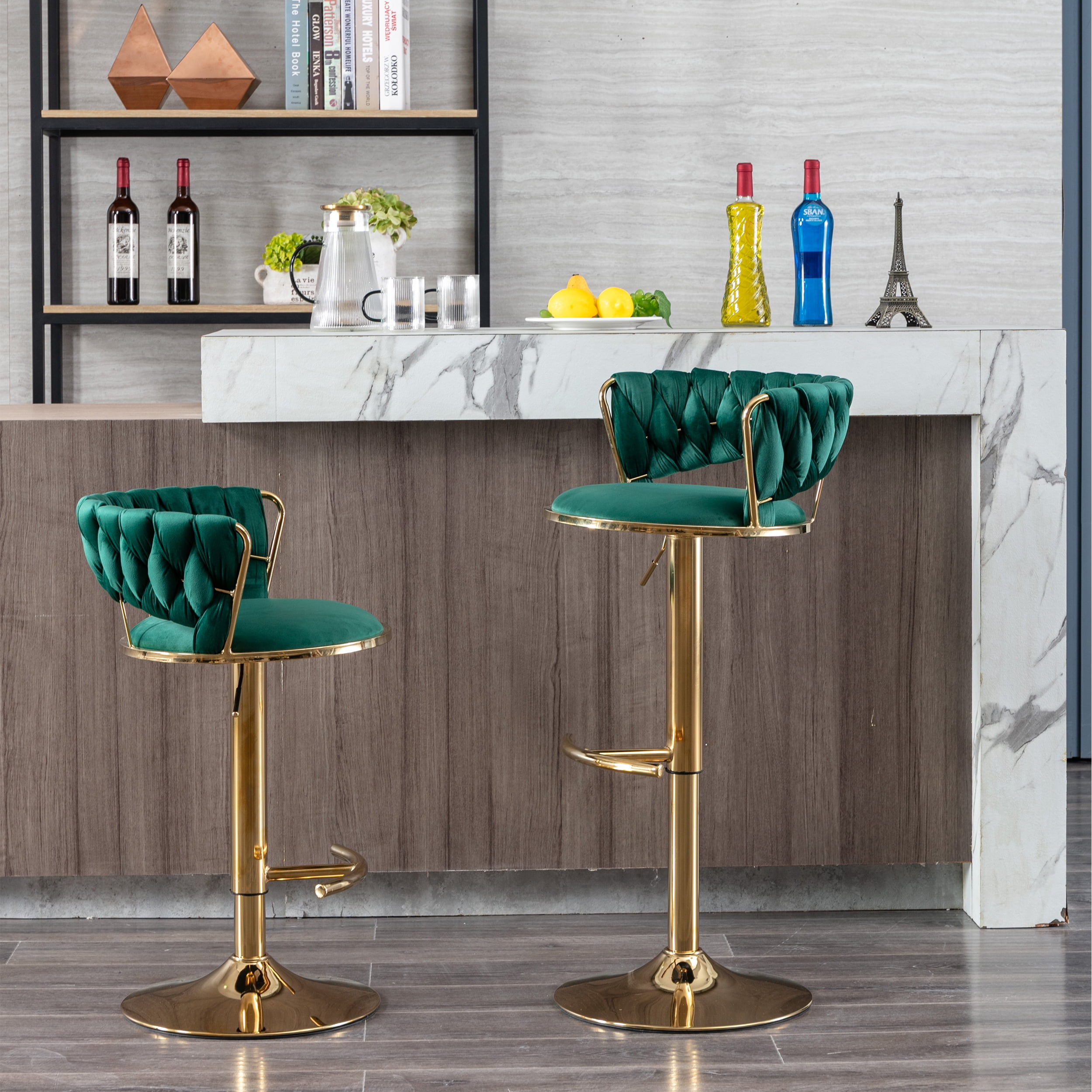 EGBHDSFT 2 Bar Stools - Green Velvet & Chrome - Height Adjustable ...