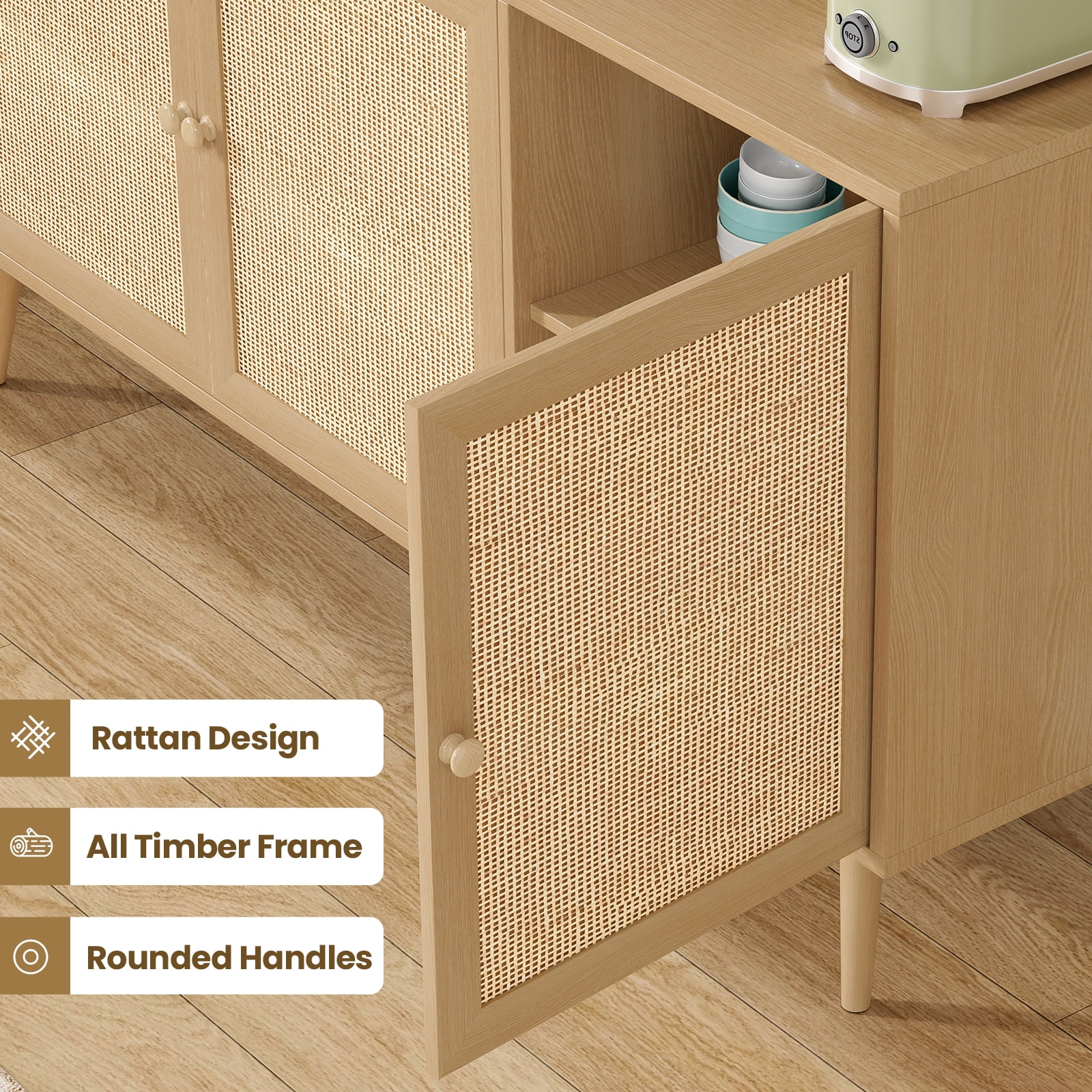 EGBHDSFT Rattan Sideboard Buffet Cabinet - 3 Doors, Large, Natural ...