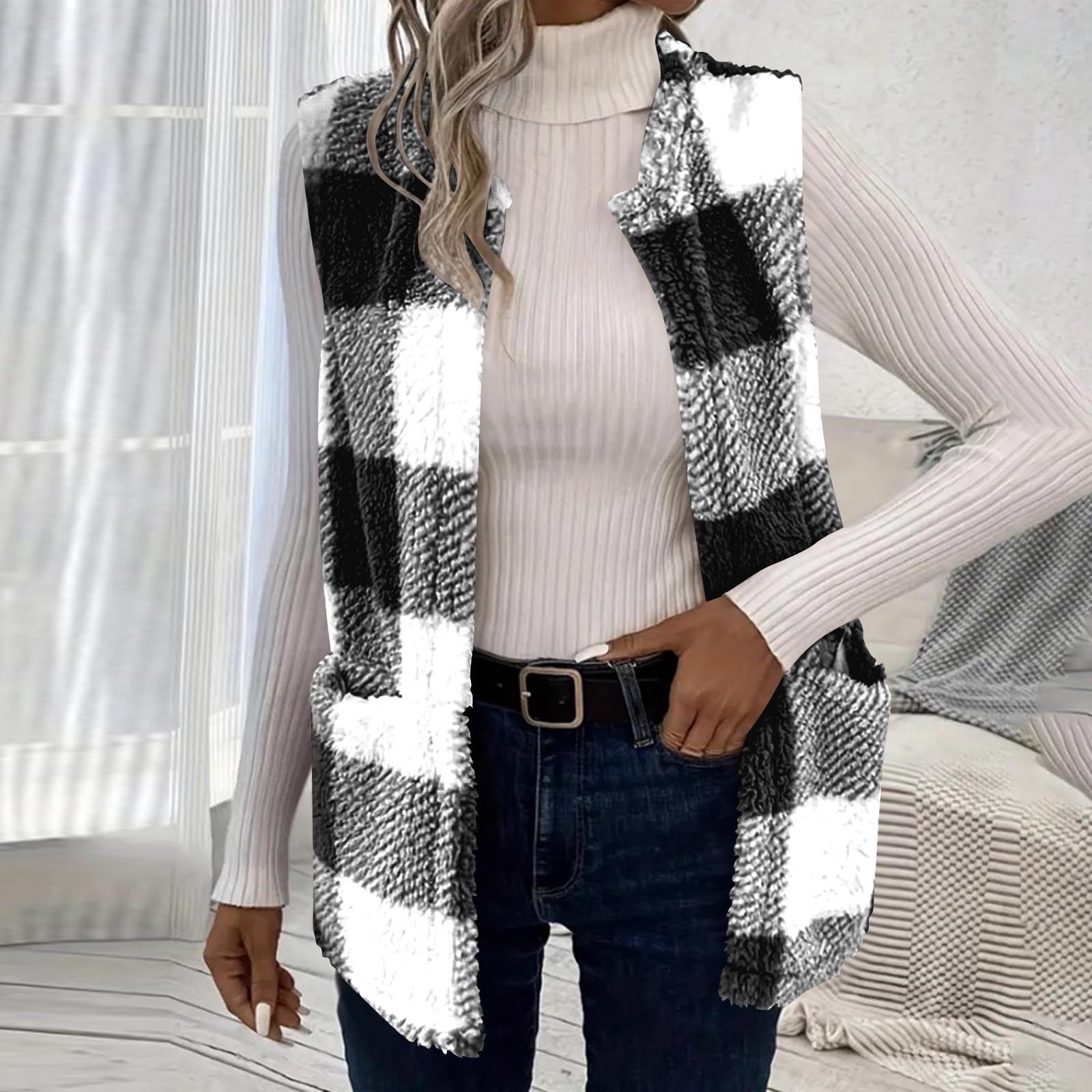 EGNMCR Long Plaid Vest for Women Fall Winter Trench Coat Sleeveless ...