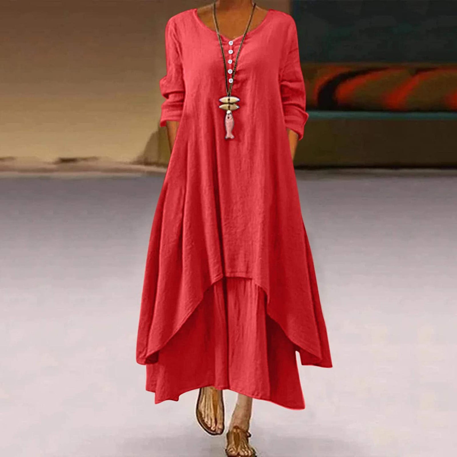 Rciityk Red Cotton Linen Maxi Dress for Women Summer Casual Button ...