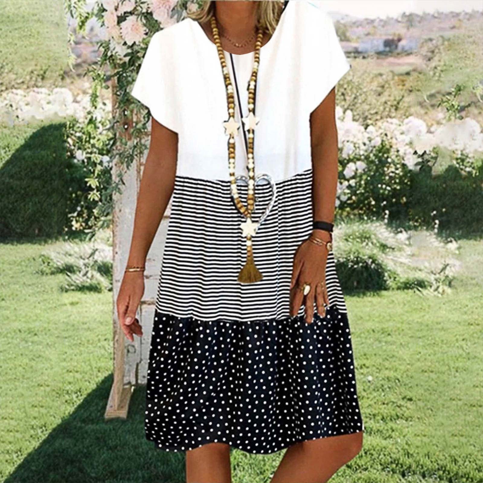 Rciityk Summer Dress for Women V-Neck Short Sleeve Dresses Stripe Dots ...