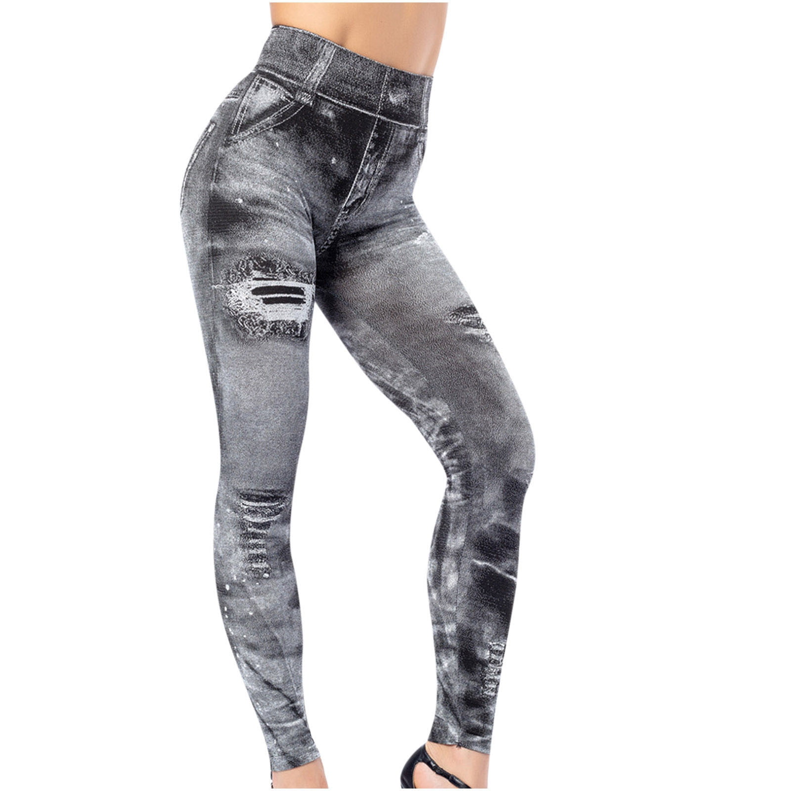 EGNMCR Women's Denim Print Seamless Full Leggings, Stretch Denim Jeans ...