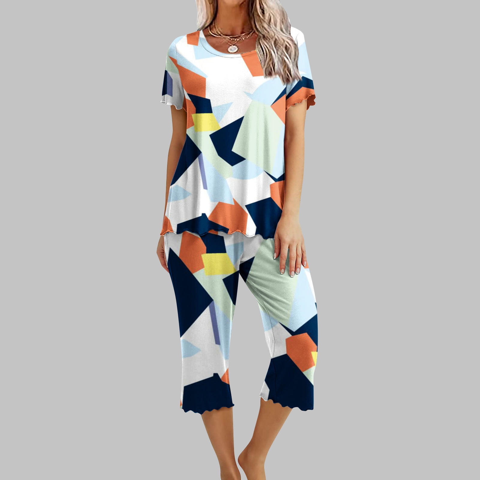 EGNMCR Womens Pajama Sets Color Patchwork Print Short Sleeve Sleepwear ...