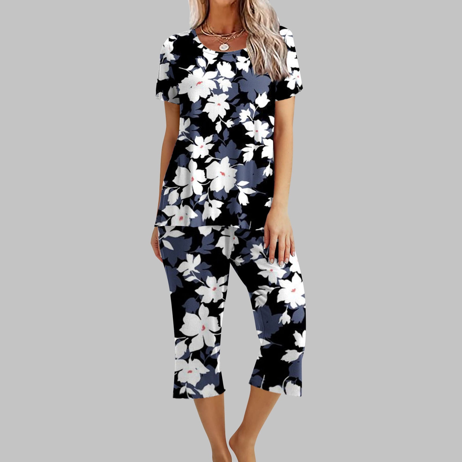 EGNMCR Womens Pajama Sets Color Patchwork Print Short Sleeve Sleepwear ...