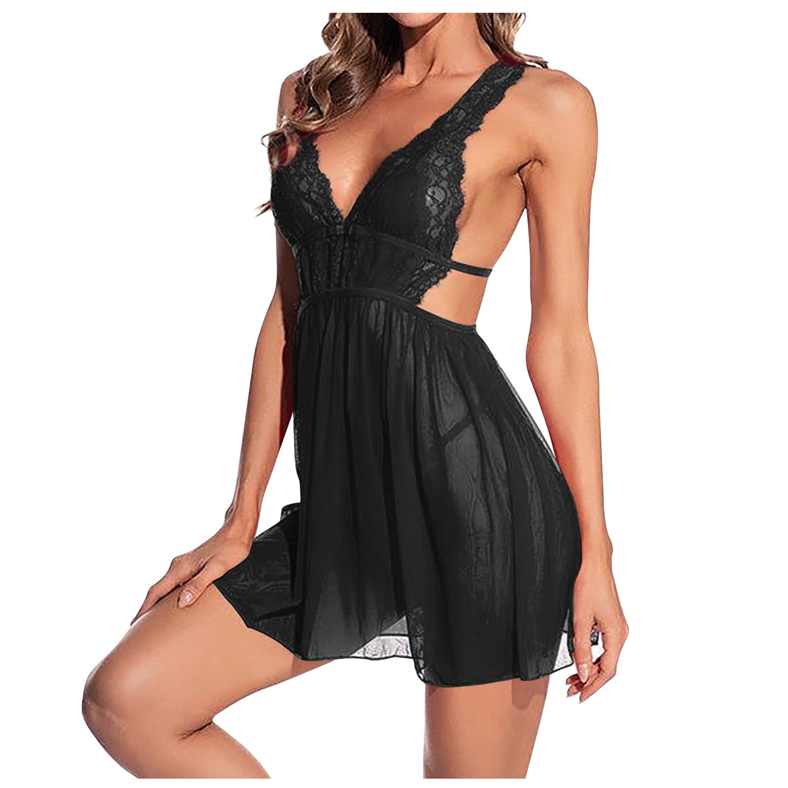 Egnmcr Womens Pajamas Sexy Strappy Lace Temptation Solid Color