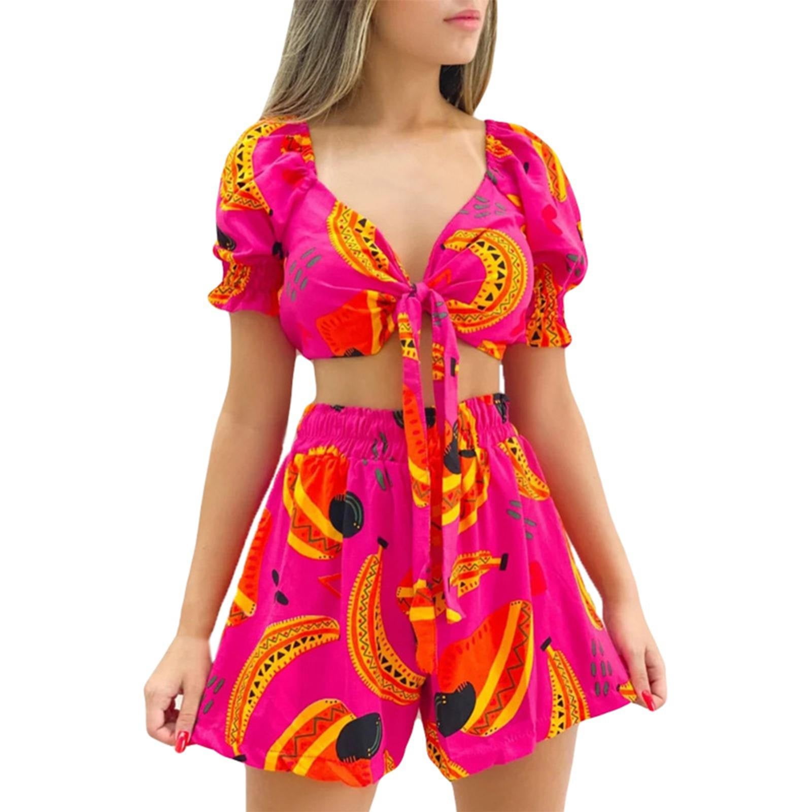 Ehqjnj 2 Piece Outfits For Women Summer Crop Top Lace Up Short Summer Sleeve Printed Suit Shorts