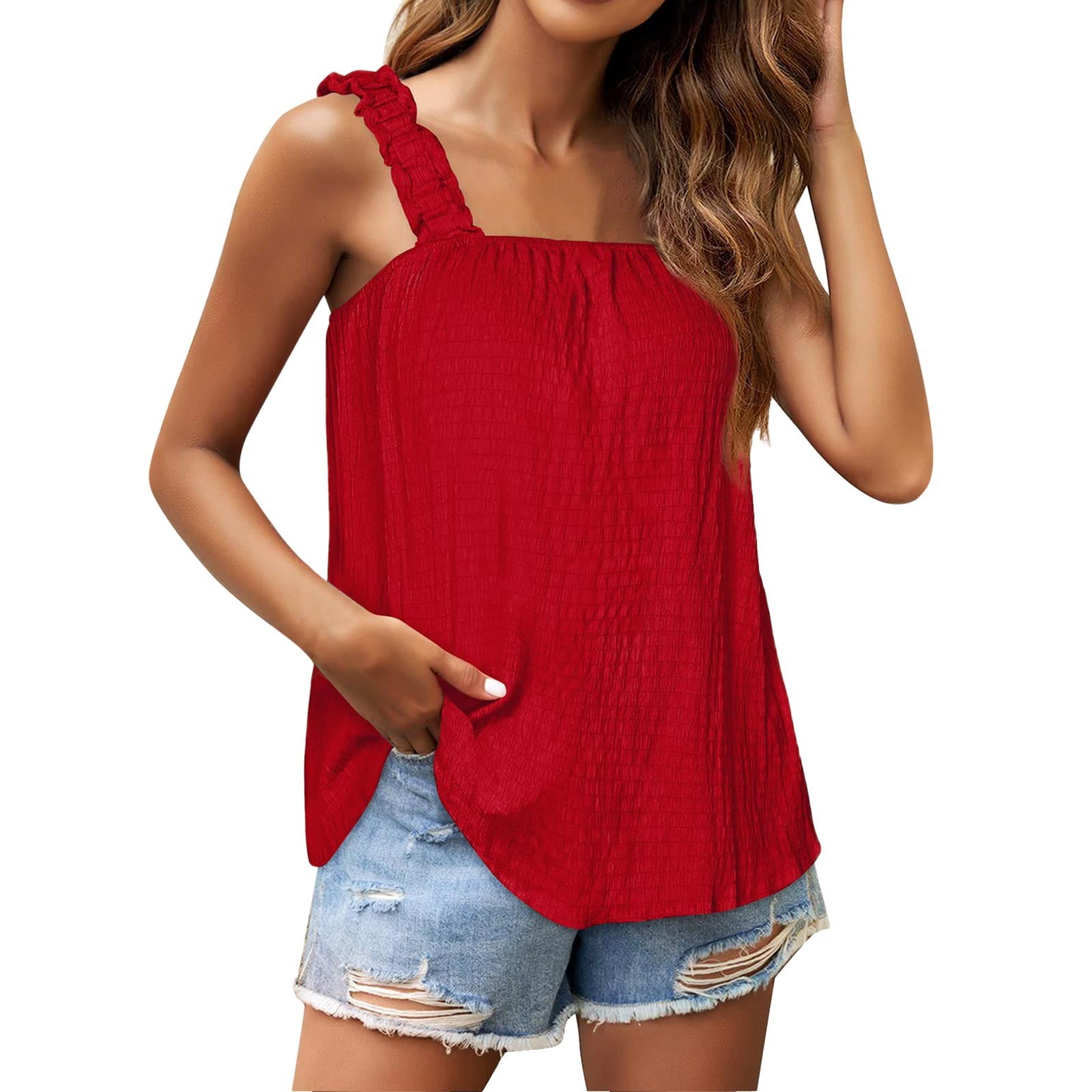 EHQJNJ Camisole Tops for Women Built in Bra Women's Solid Color Suspender Vest Square Neck Loose ...